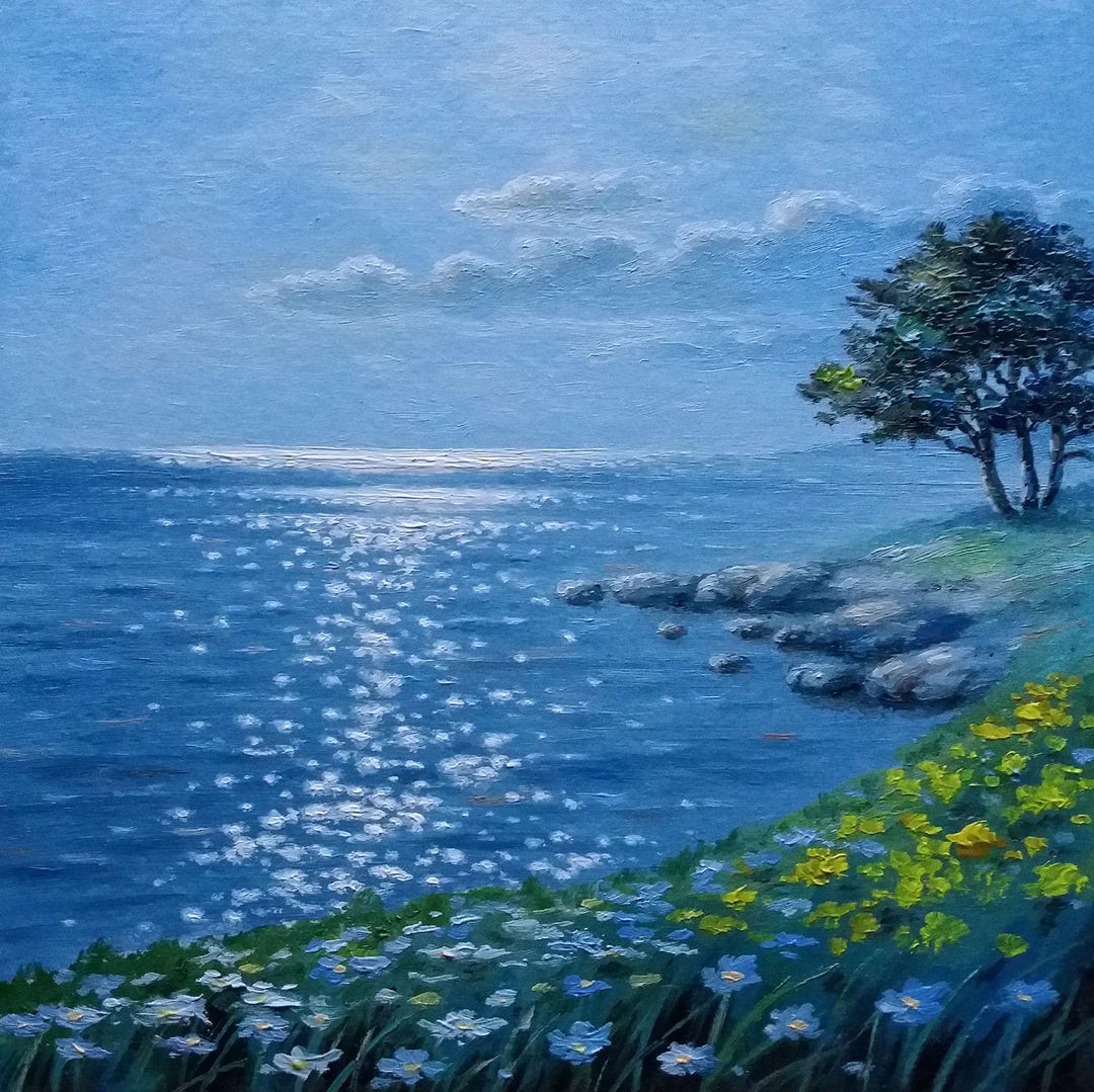 Seashore in Flowers Oil Painting Original Art Seascape Ocean Wall Art ...