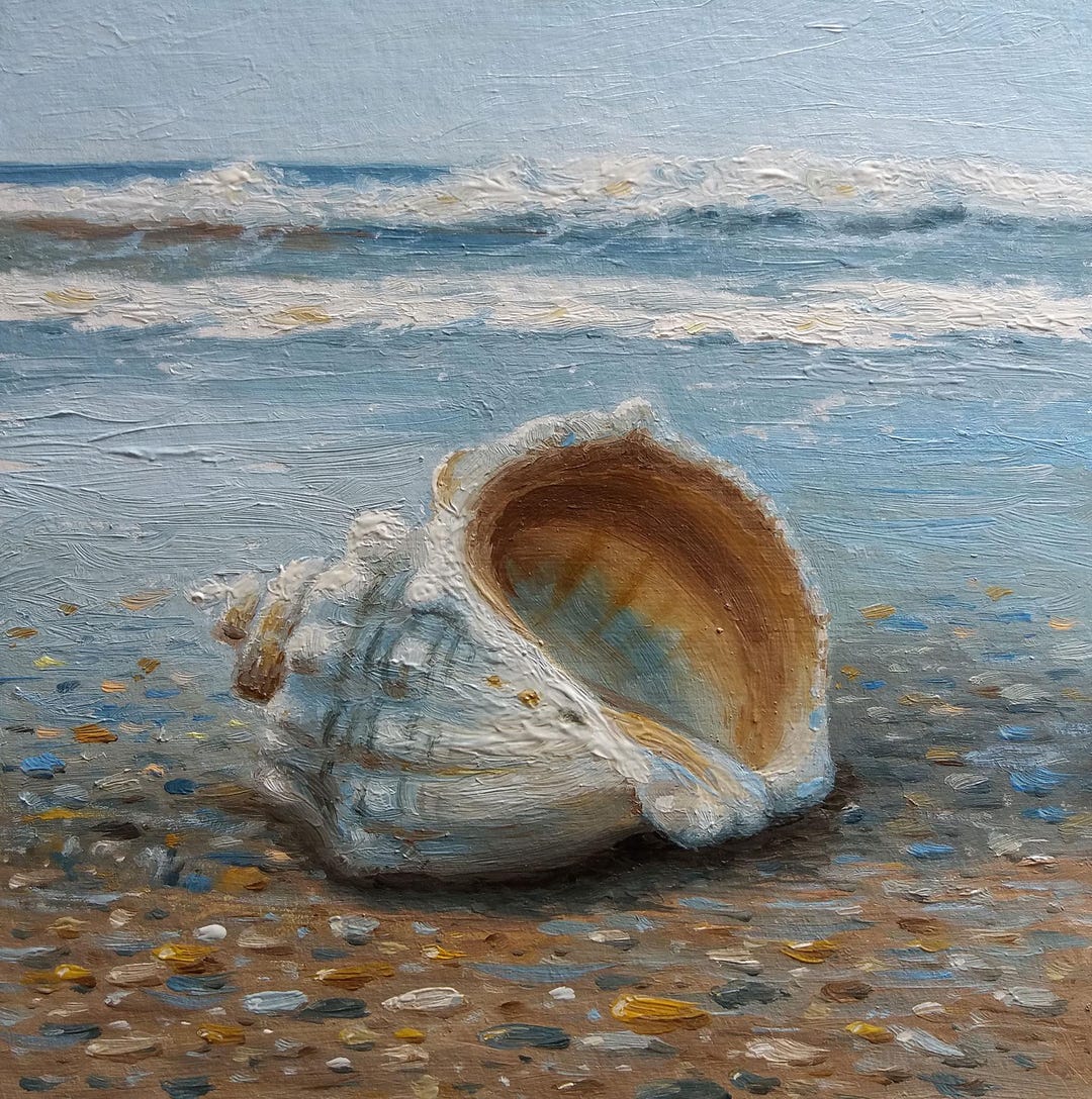 Seashell Oil Painting Original Seascape Ocean Wall Art Beach Waves ...