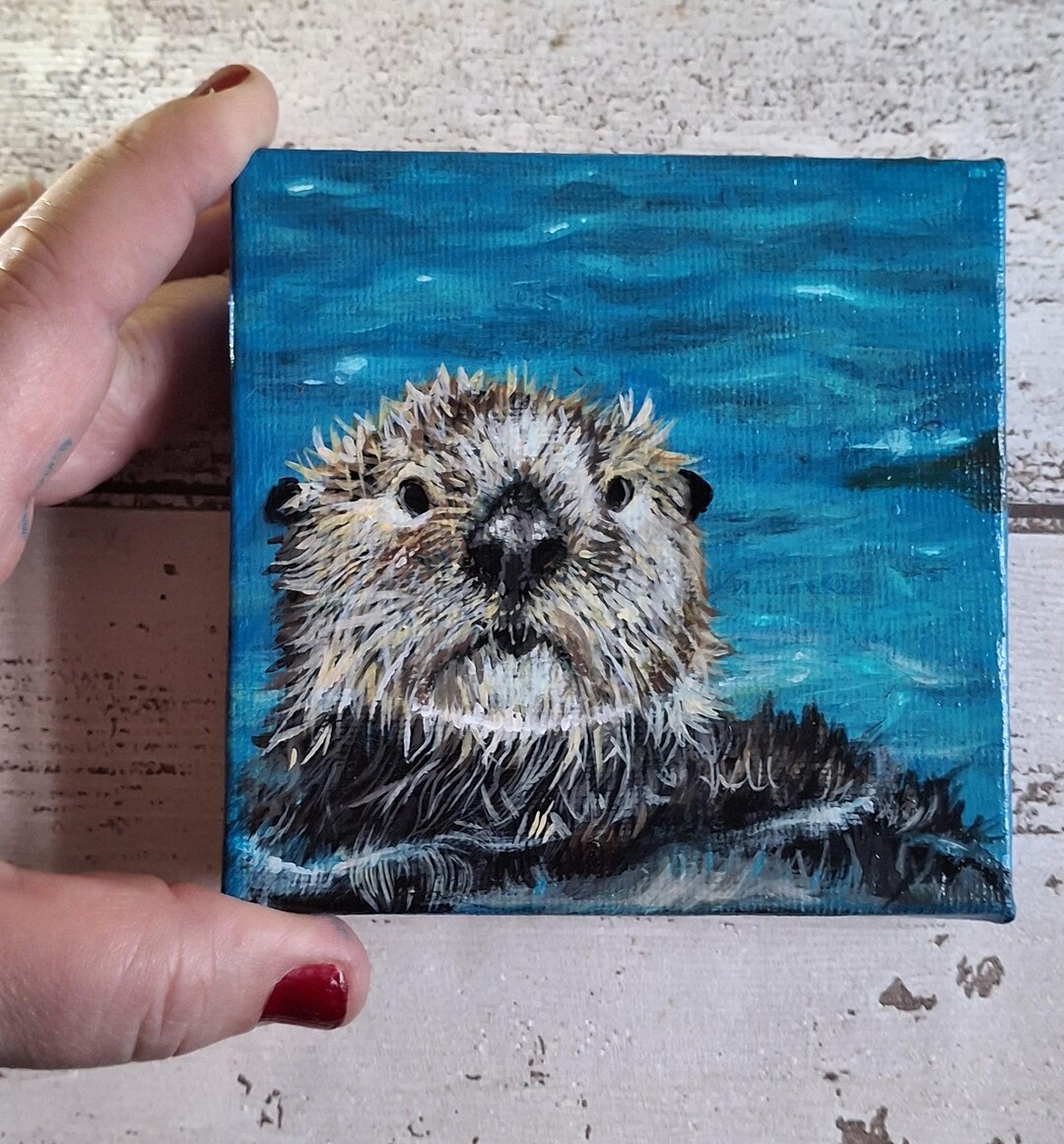 Otter Original Painting,acrylic on 10x10cm Canvas Block, Small Bathing ...