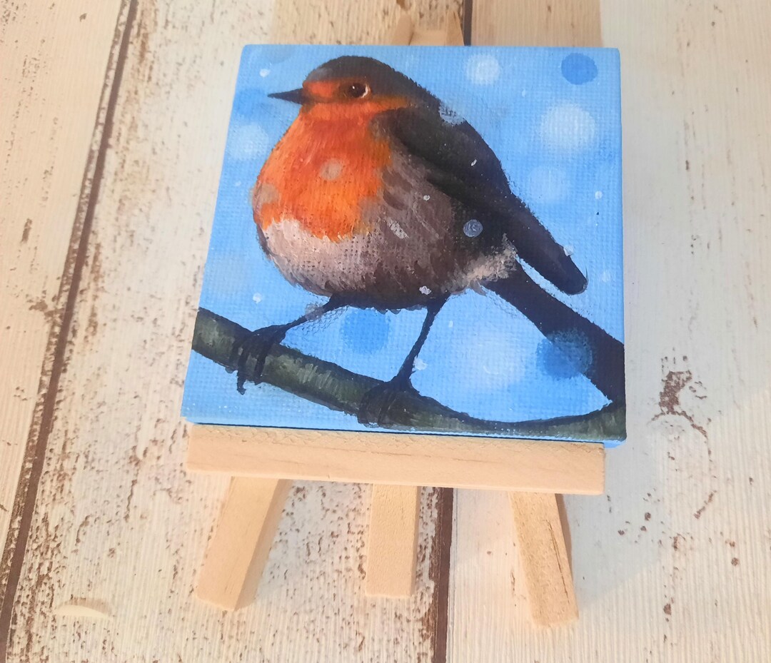 Robin Miniature Painting and Easel, Miniature Robin Painting Acrylic on ...
