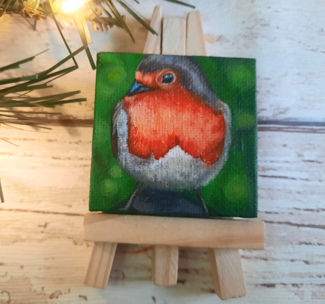 Robin Miniature Painting and Easel, Miniature Robin Painting Acrylic on ...