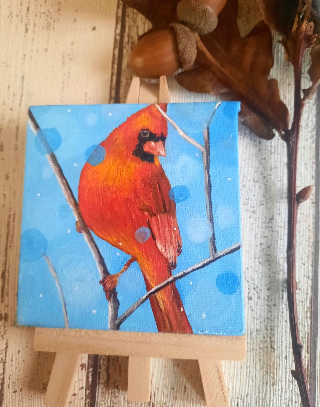 Red Cardinal Miniature Painting and Easel, Miniature Northern Cardinal ...