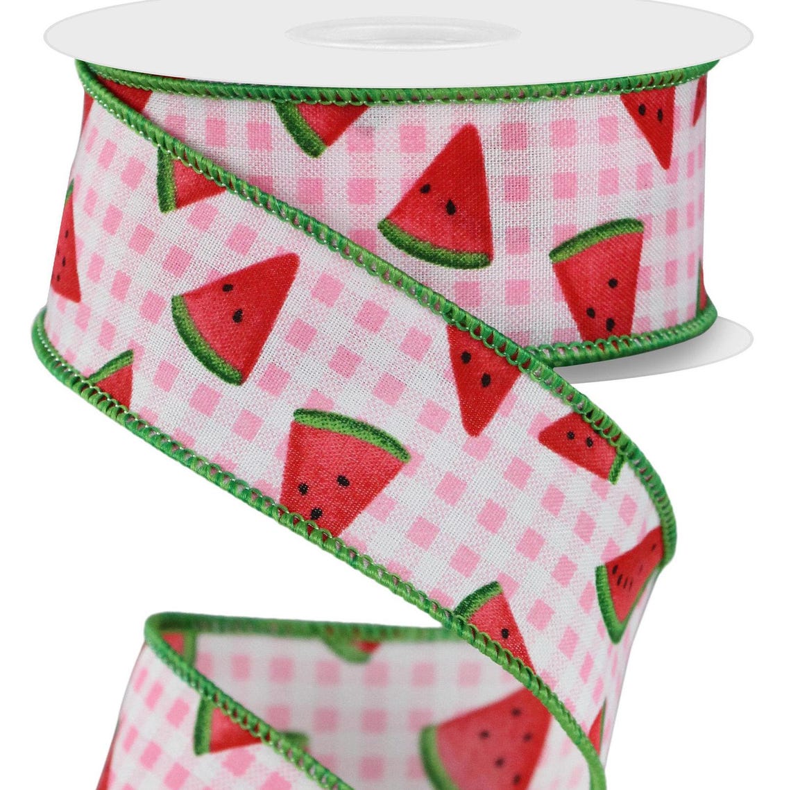 1.5" Watermelon Slices Pink Gingham Ribbon: Green Trim (10 Yards ...