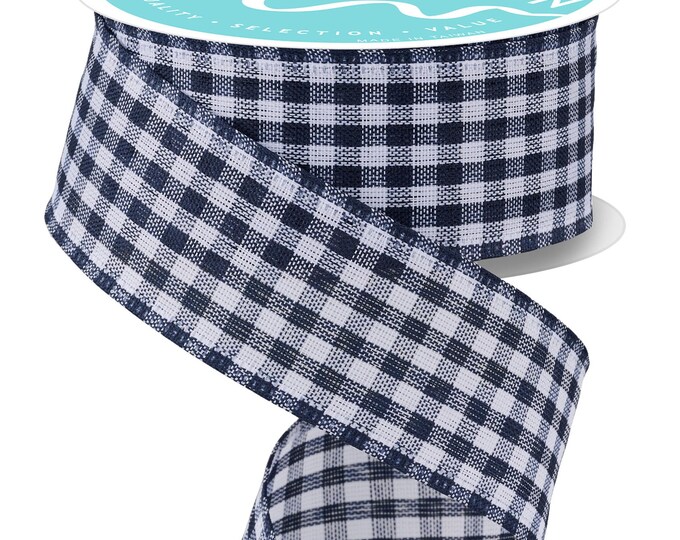 1.5" Gingham Check Ribbon, Navy Blue Plaid Ribbon, Wired Ribbon for ...