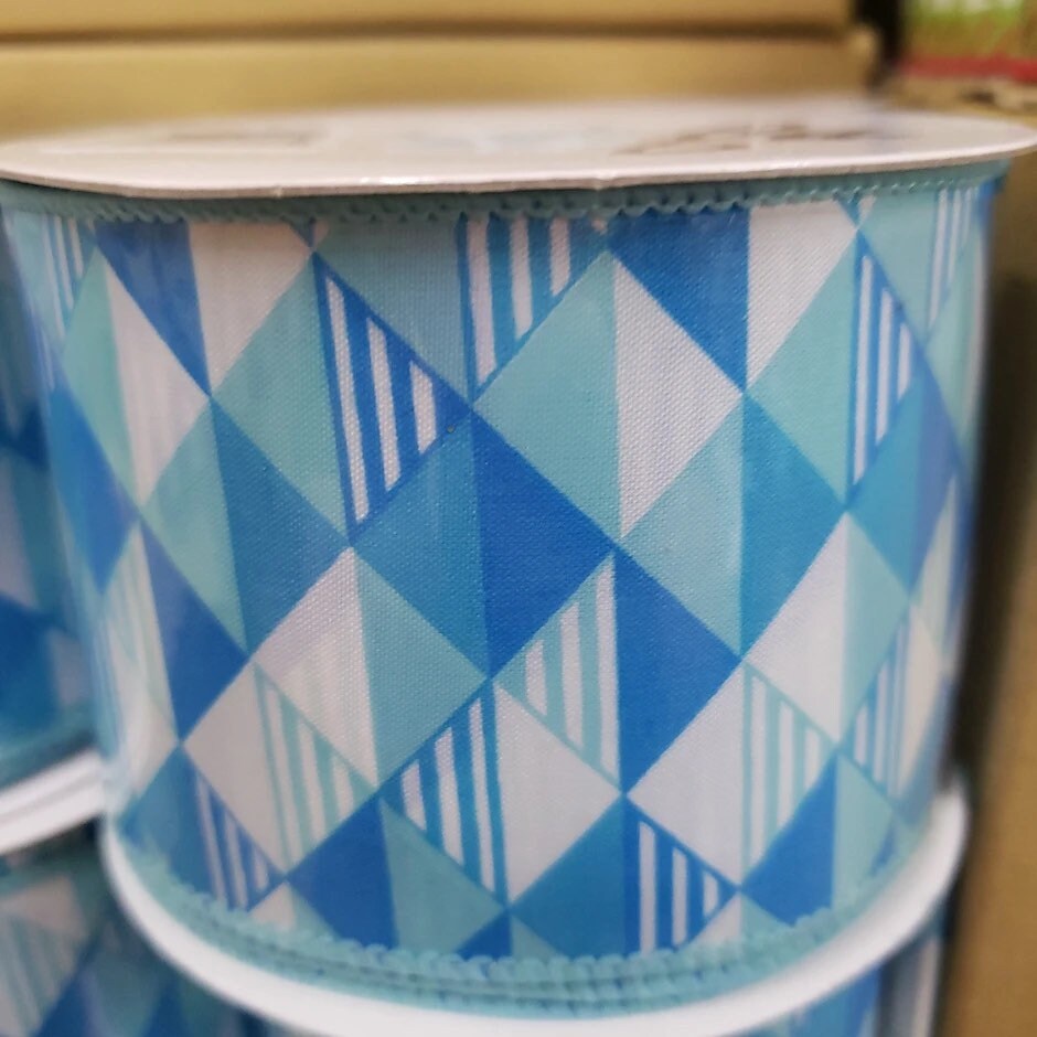 4 Geometric Triangle Ribbon: Blue Tones & White 10 Yards, Ikat Wired ...