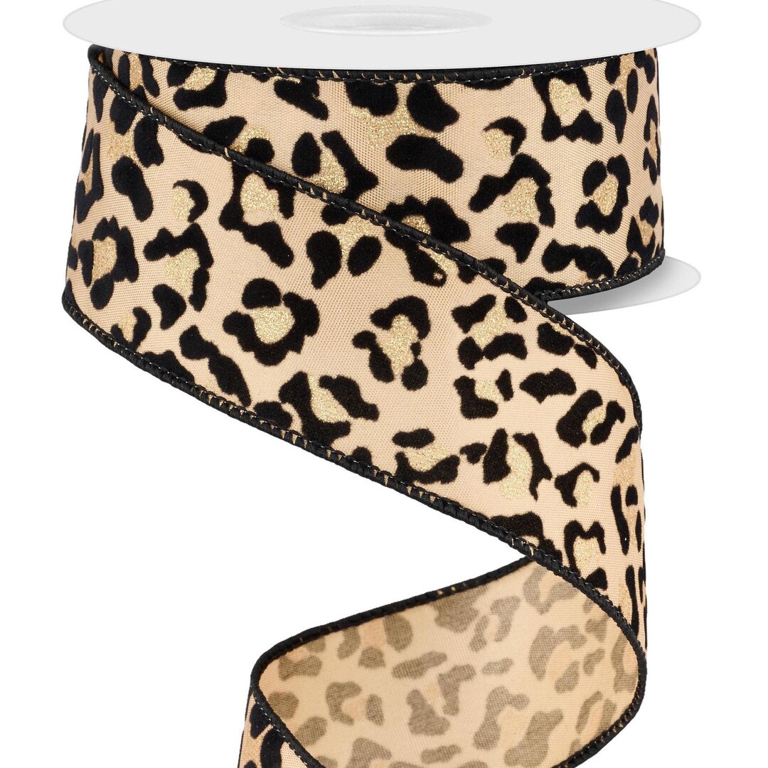 1.5" Woven Leopard Print Ribbon, Fuzzy Leopard Design, Gold Glitter ...