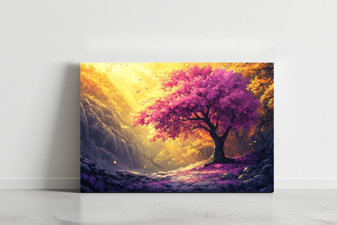 Magic Tree Enchanting Forest Scene, Mountains, Autumn Landscape, Purple ...