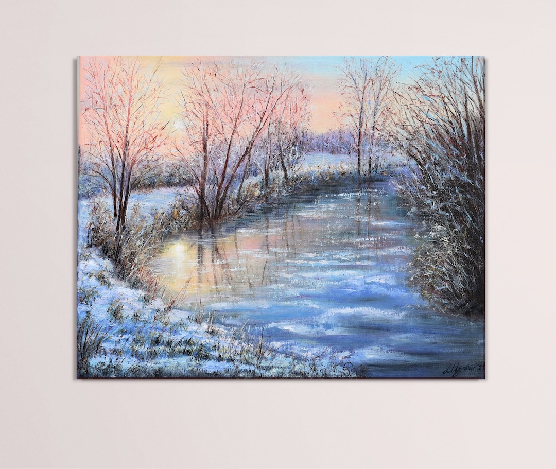 Winter Painting Original Art, Winter Landscape Sunset by River, Snow ...