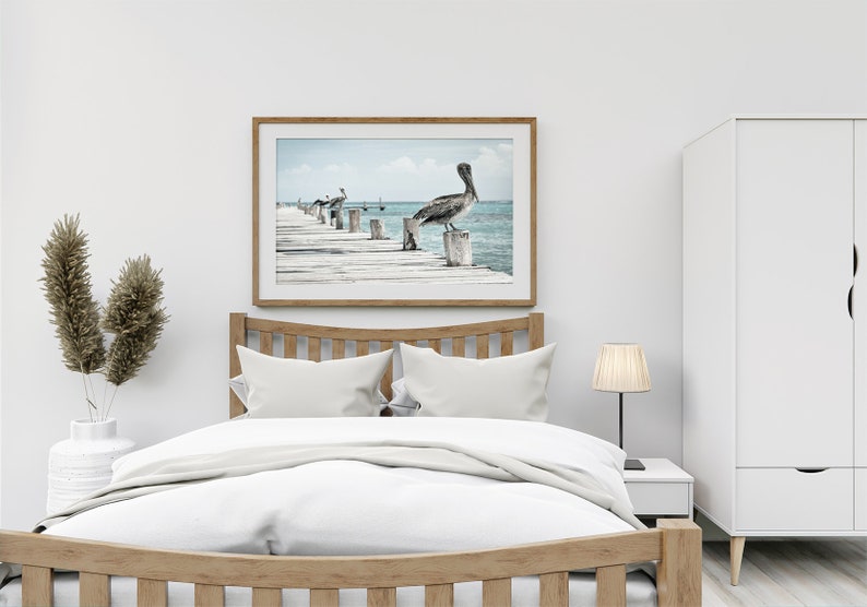 Pelicans on Wooden Pier Pastel Blue Beige Tones Poster, Pelican Wall ...