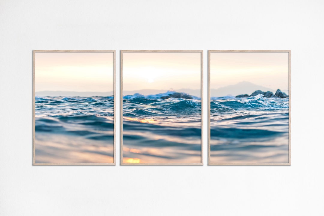3-teiliges Wandkunst Meerwasser Fotografie, Pastellfarben Strand Wandkunst 3er-Set Drucke, Split ...