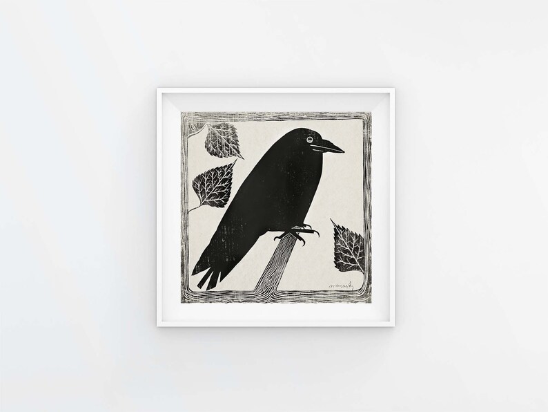 Black Crow Print, Modern Wall Art Decor, Black and White Crow Painting ...
