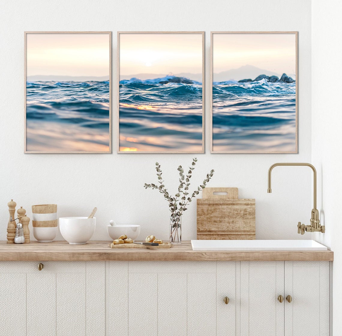 3 Piece Wall Art Sea Water Photography, Pastel Beach Wall Art Set of 3 ...