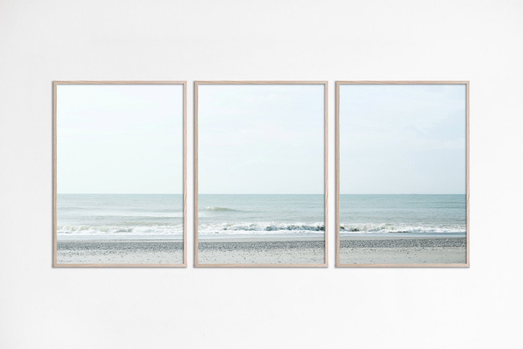 Coastal 3 Piece Wall Art, Neutral Beach Print Set of 3 Wall Art Blue ...