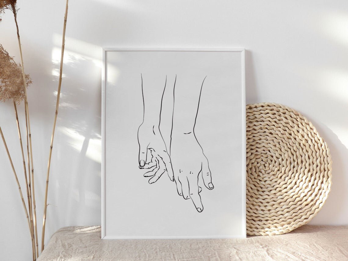Two Hand Contour Drawing, Holding Hands Line Art, Modern Printable Wall ...