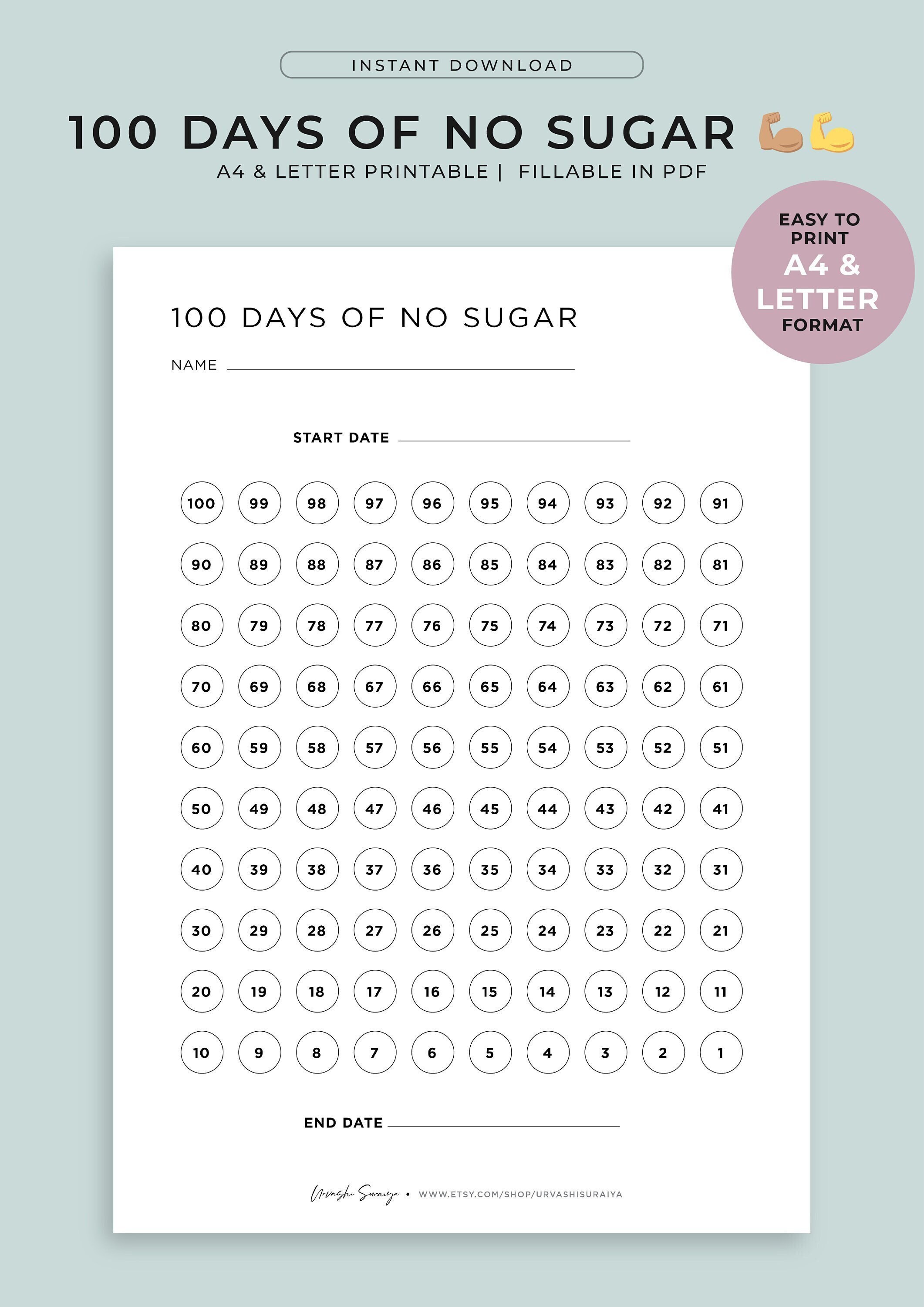 Printable 100 Days of No Sugar, Sugar Free, No Sugar Log No Sugar ...