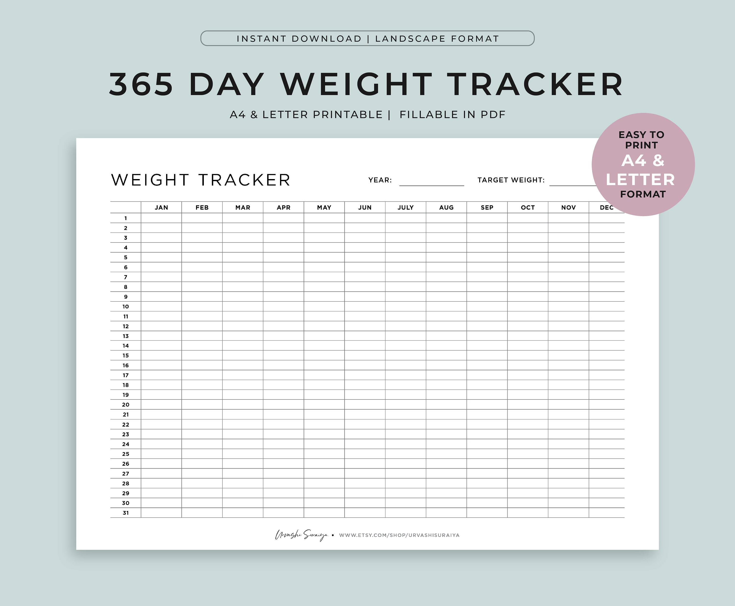 365 Day Weight Tracker Yearly Weight Log Editable Weight Tracker ...
