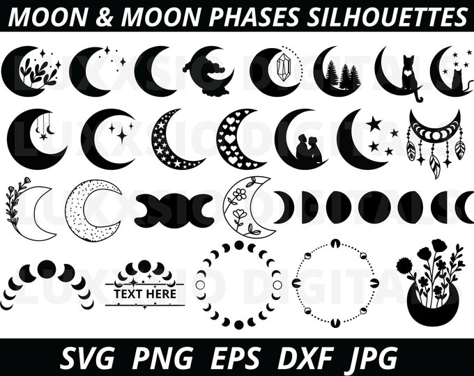 Crescent Moon Svg Bundle-moon Phases Svg-floral Moon Branch Svg-files ...