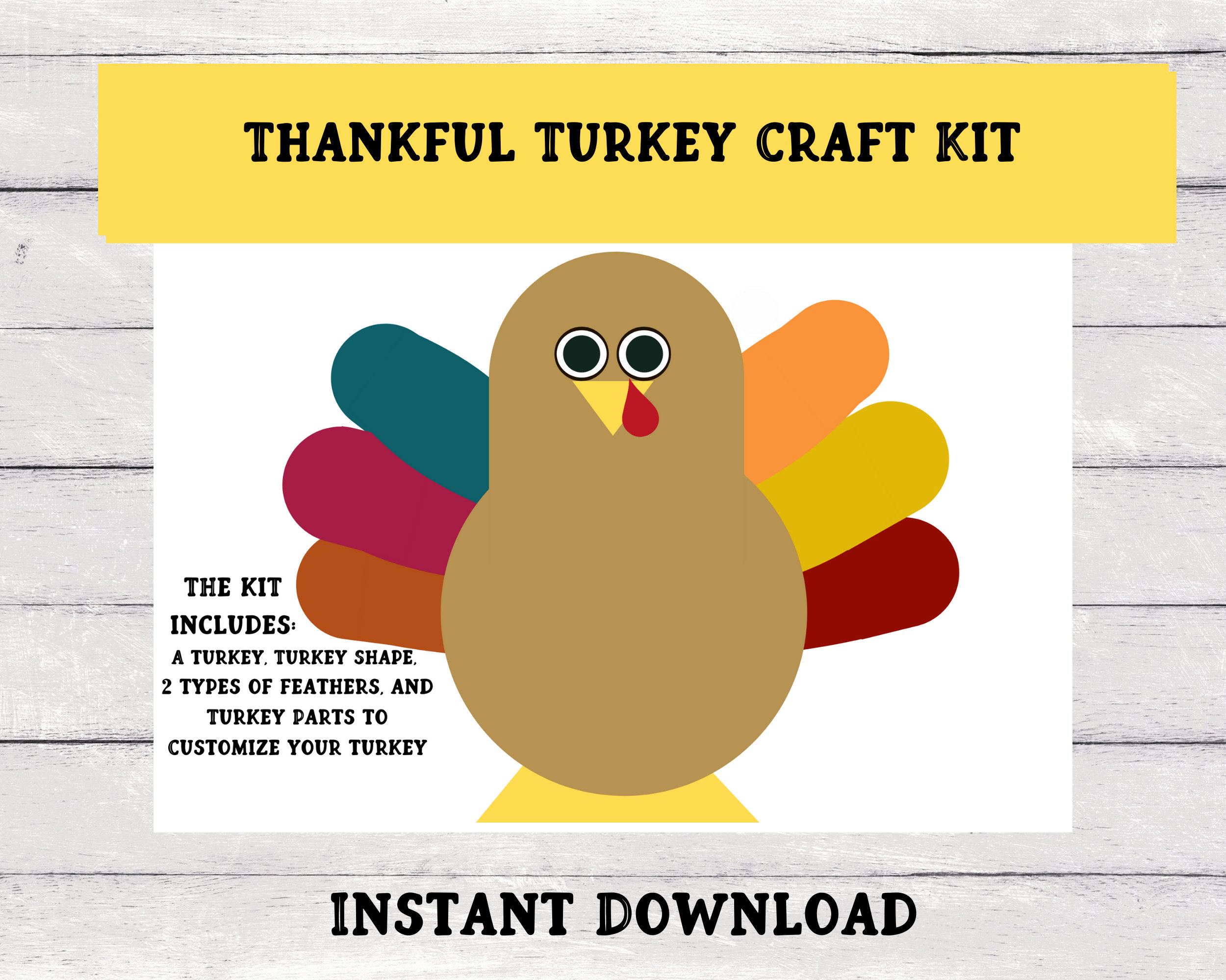 Thankful Turkey Craft Kit, Printable Thanksgiving Activity, Turkey ...