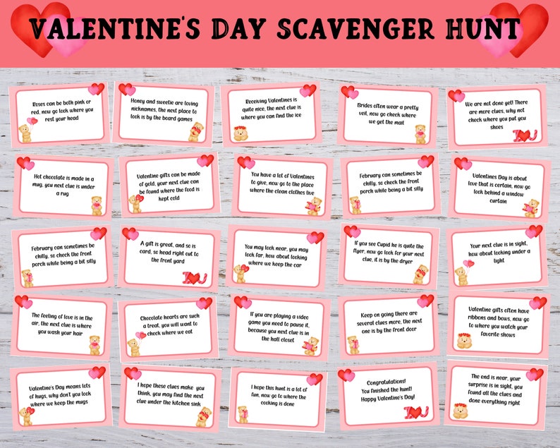 Valentine's Day Treasure Hunt Clues Indoor Scavenger Hunt - Etsy