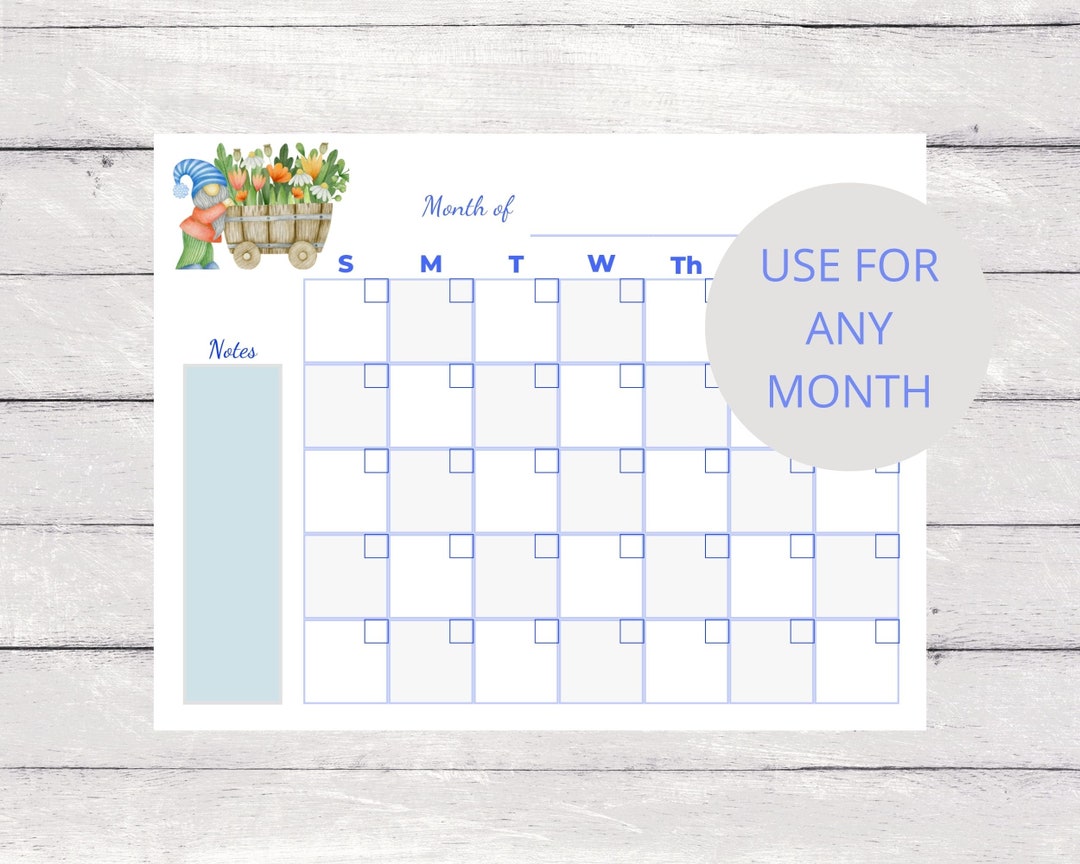 Gnome Printable Calendar Page, Printable Gnome Calendar, Digital ...