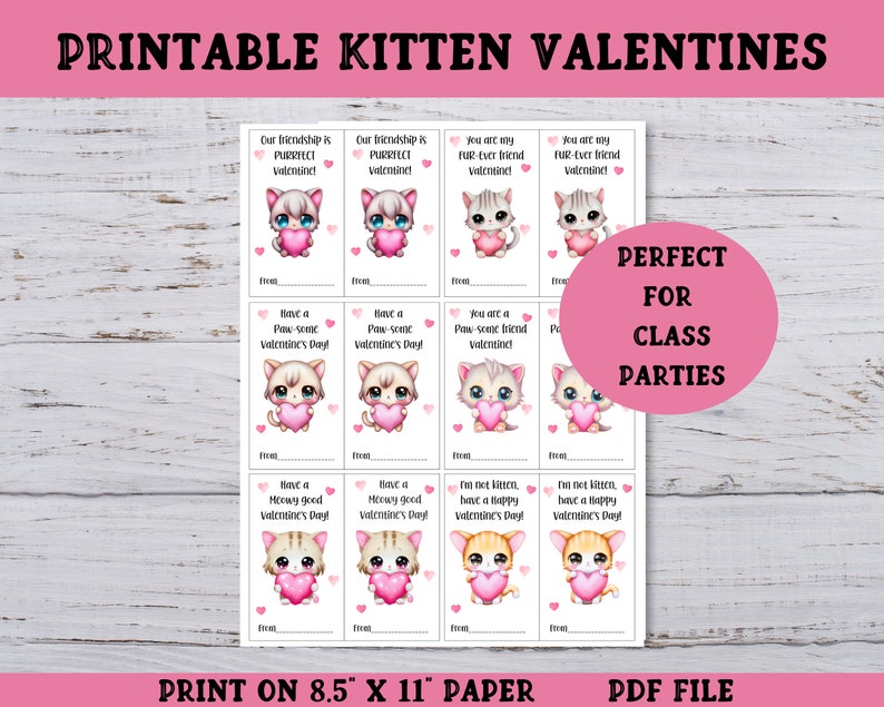 Printable Kitten Valentines for Kids Valentine Cards for - Etsy