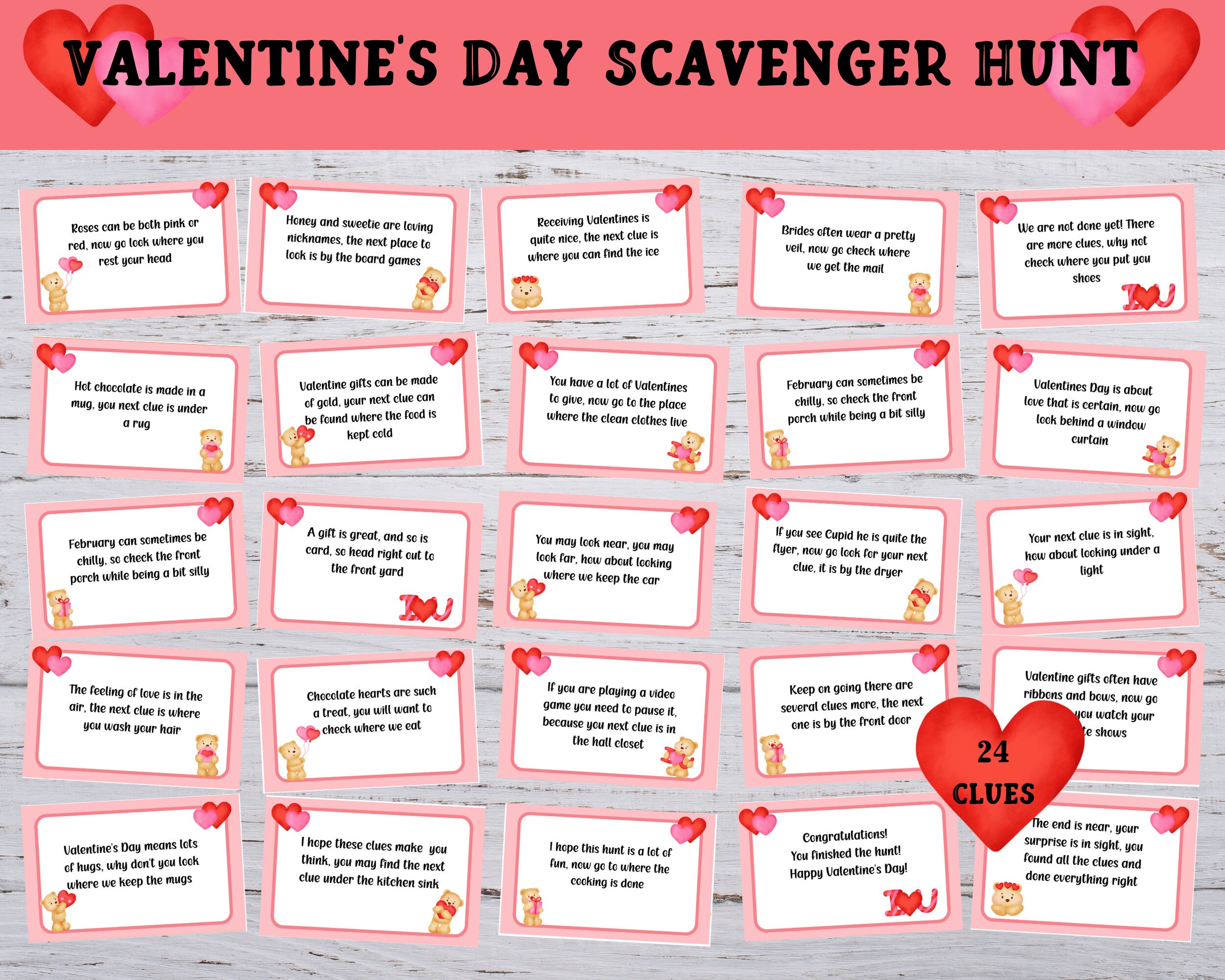Valentine's Day Treasure Hunt Clues, Indoor Scavenger Hunt for Kids ...