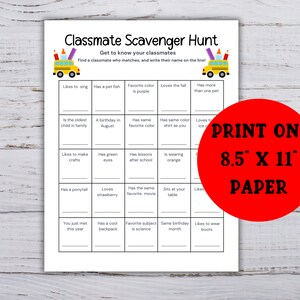 Classmate Scavenger Hunt for Kids, Back to School Classroom Activity ...