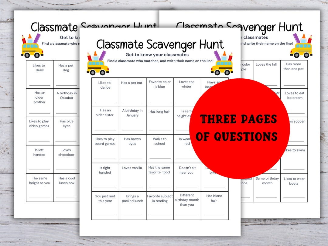 Classmate Scavenger Hunt for Kids, Back to School Classroom Activity ...