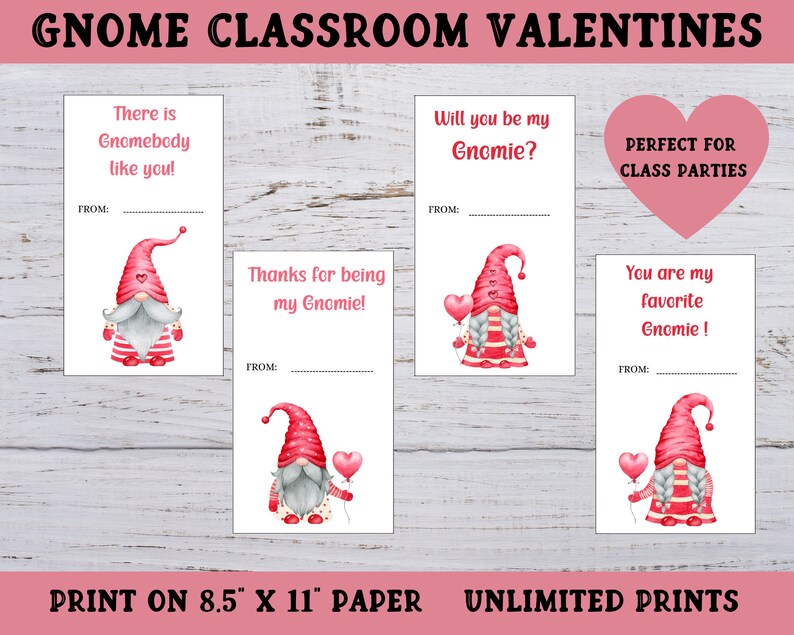 Printable Gnome Valentine Cards, Printable Valentines for Kids, Gnome ...