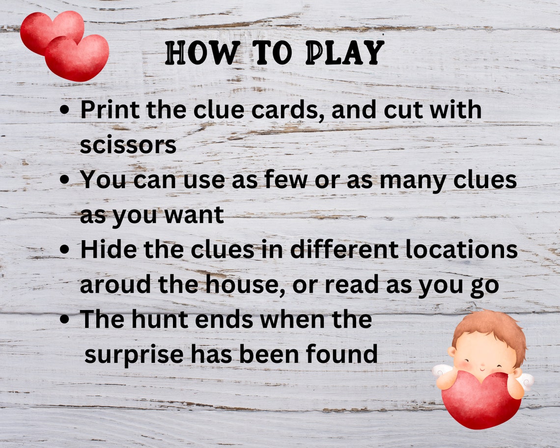 Valentines Day Scavenger Hunt Game, Indoor Treasure Hunt Clues ...