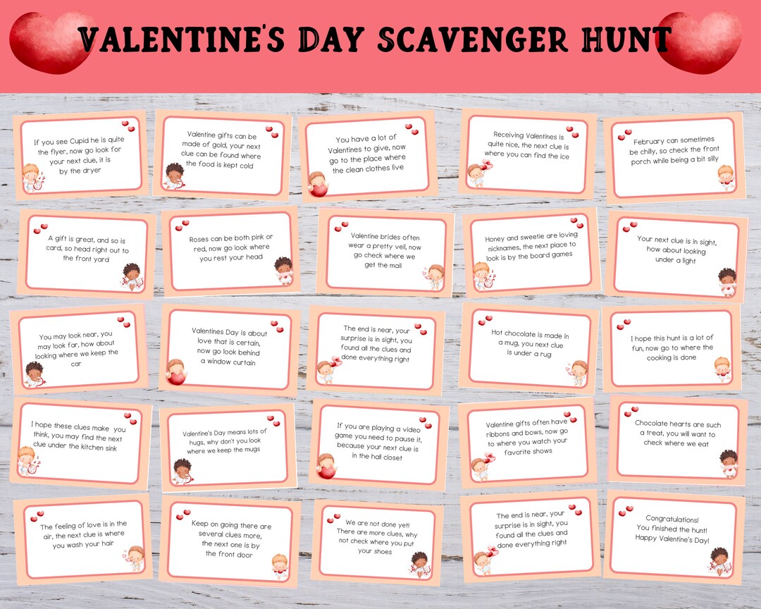 Valentines Day Scavenger Hunt Game, Indoor Treasure Hunt Clues ...