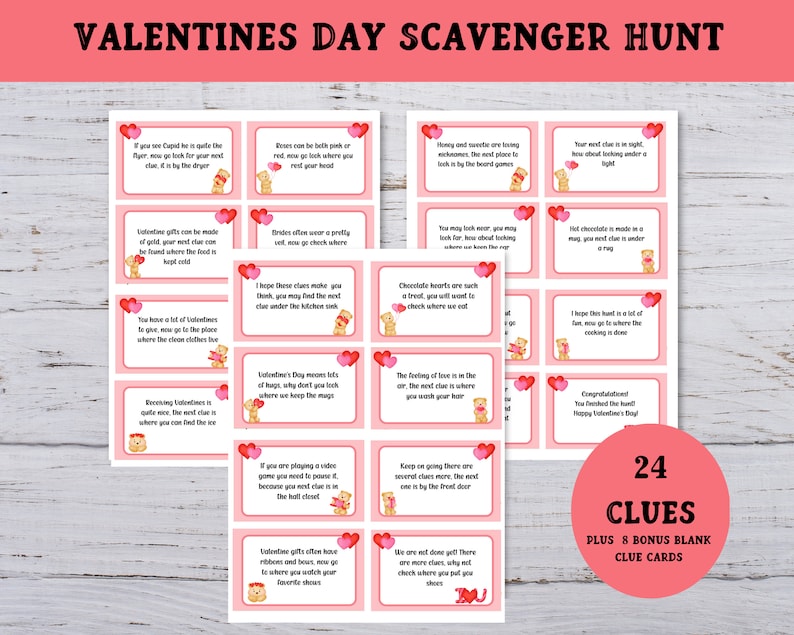 Valentine's Day Treasure Hunt Clues, Indoor Scavenger Hunt for Kids ...