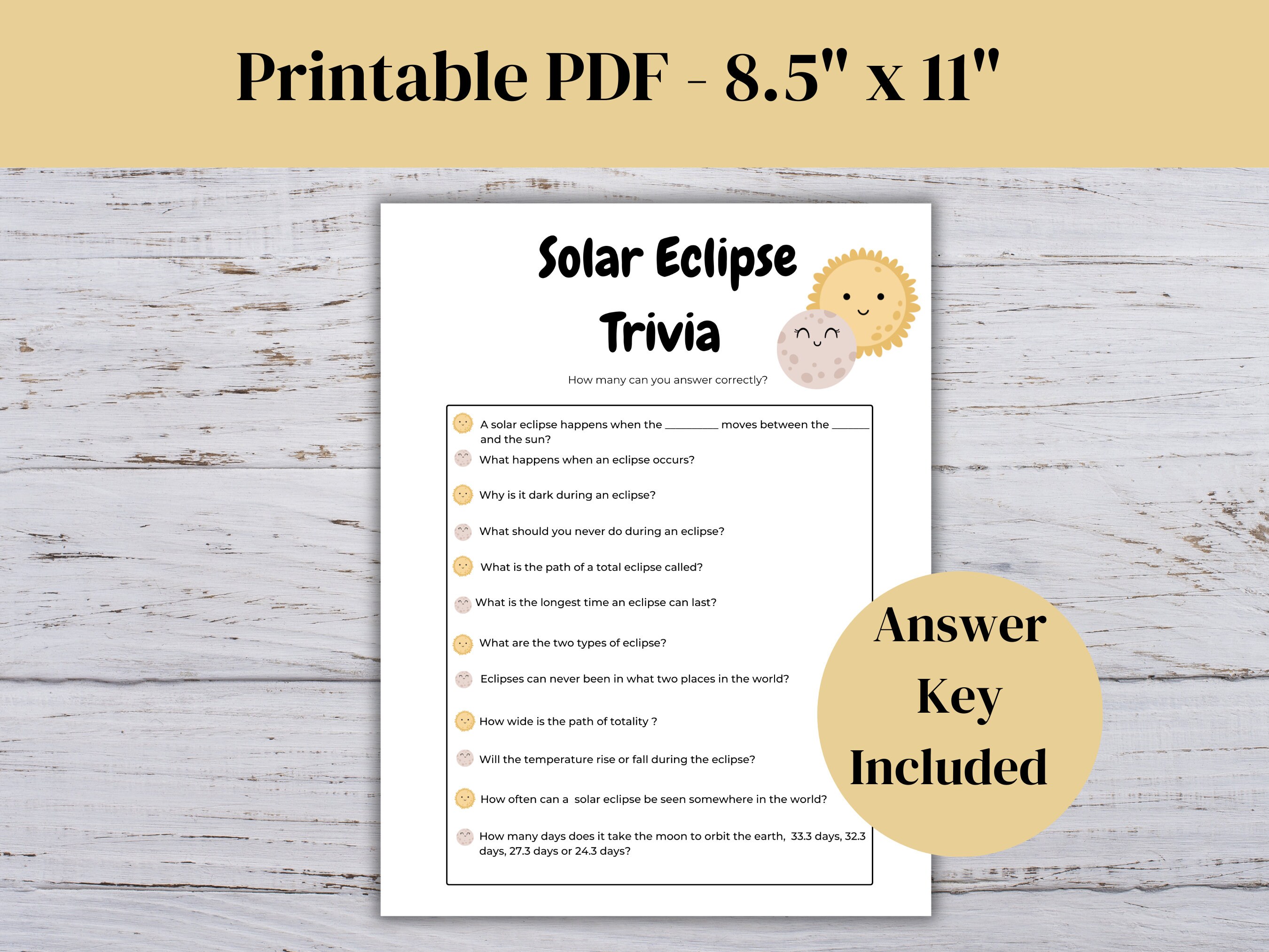 Solar Eclipse Trivia Questions, Kids Solar Eclipse Activity, Printable ...