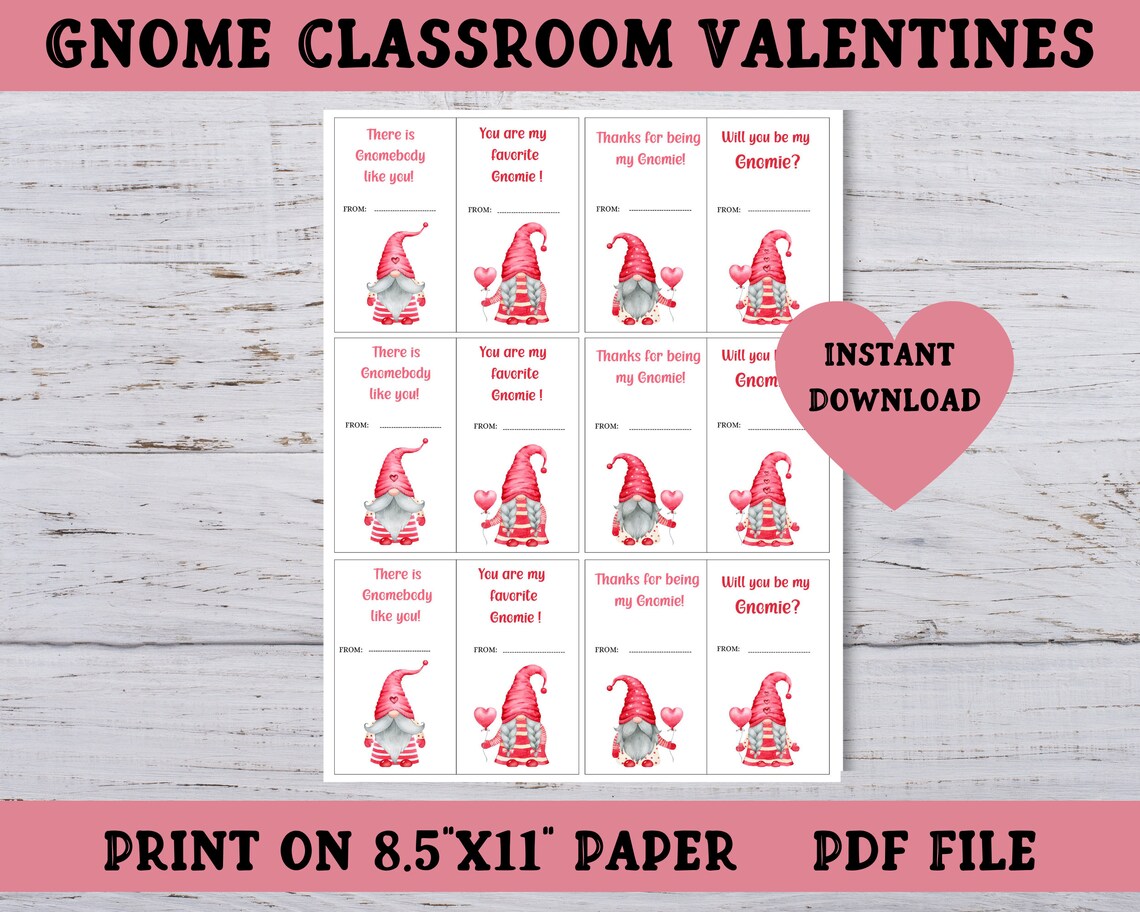 Printable Gnome Valentine Cards, Printable Valentines for Kids, Gnome ...
