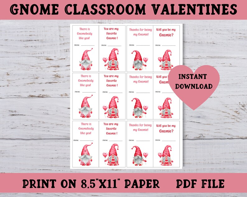Printable Gnome Valentine Cards, Printable Valentines for Kids, Gnome ...