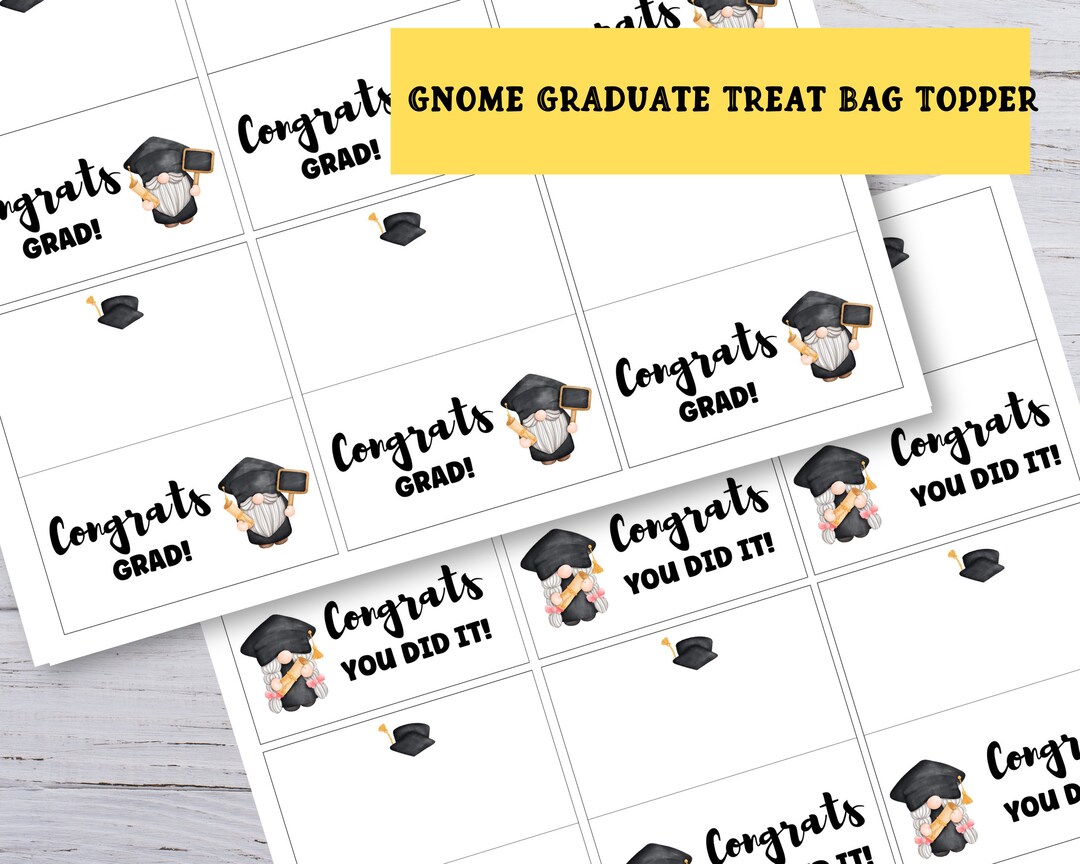 Graduation Treat Bag Toppers, Gnome Favor Bag Toppers, Graduation ...