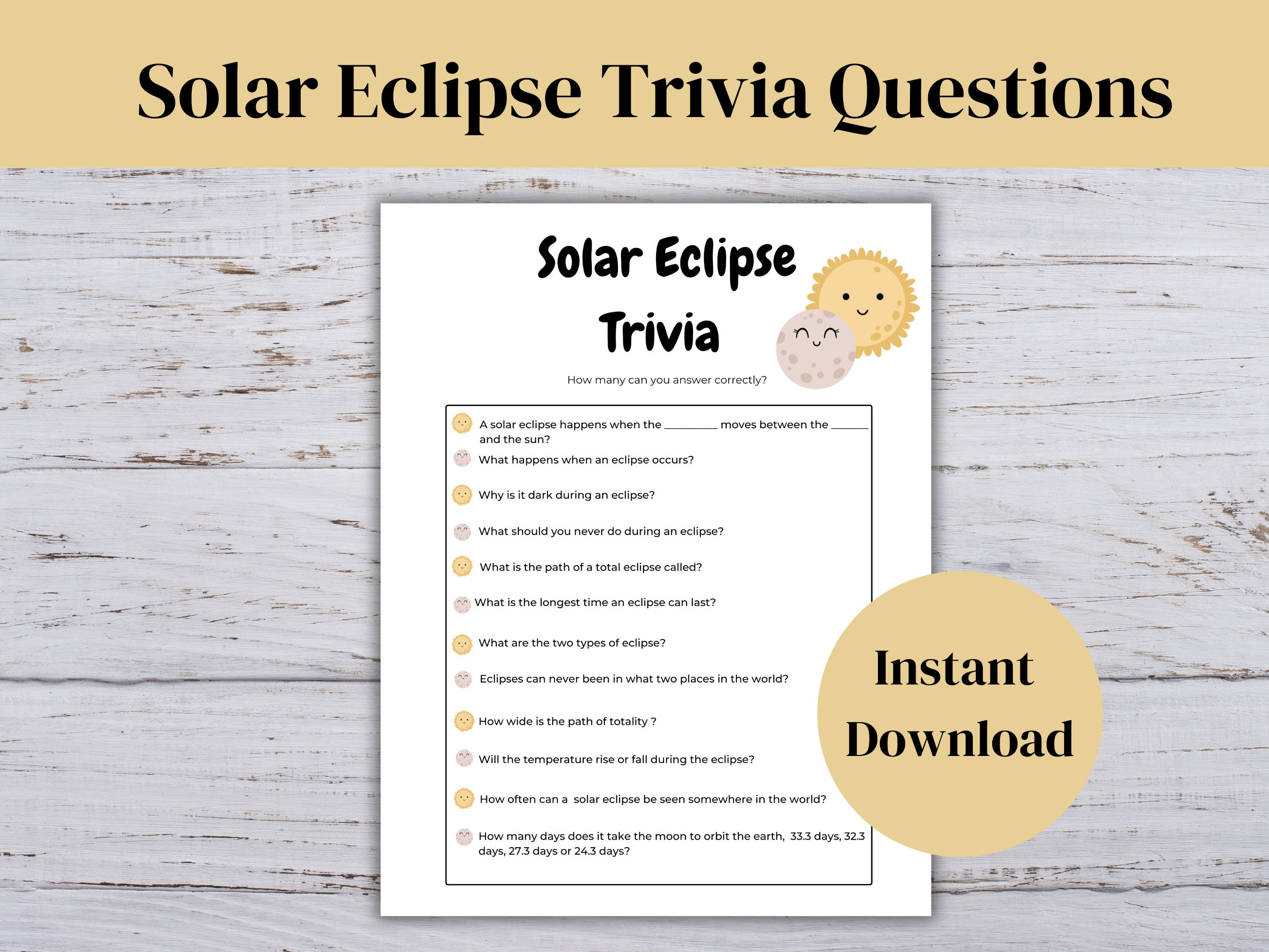 Solar Eclipse Trivia Questions, Kids Solar Eclipse Activity, Printable ...