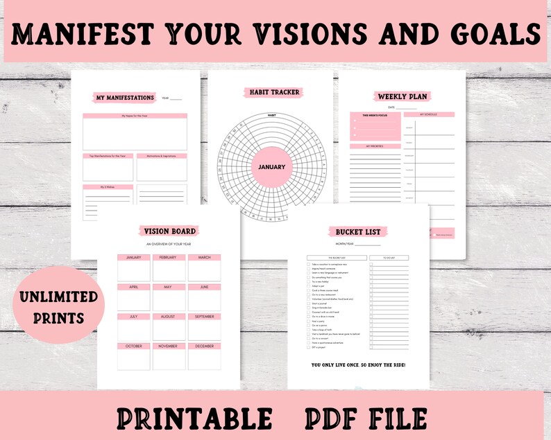Vision and Goal Planner, Printable Manifestation Journal, Habit Tracker ...