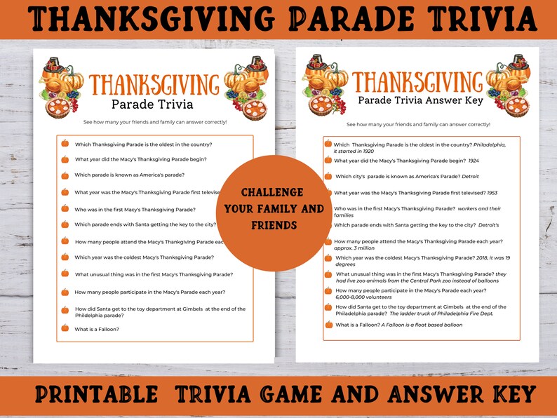 Thanksgiving Parade Trivia Game, Printable Trivia Game, Thanksgiving ...