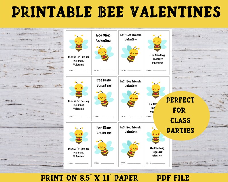 Printable Bee Classroom Valentine's Day Cards, Printable Valentines for ...