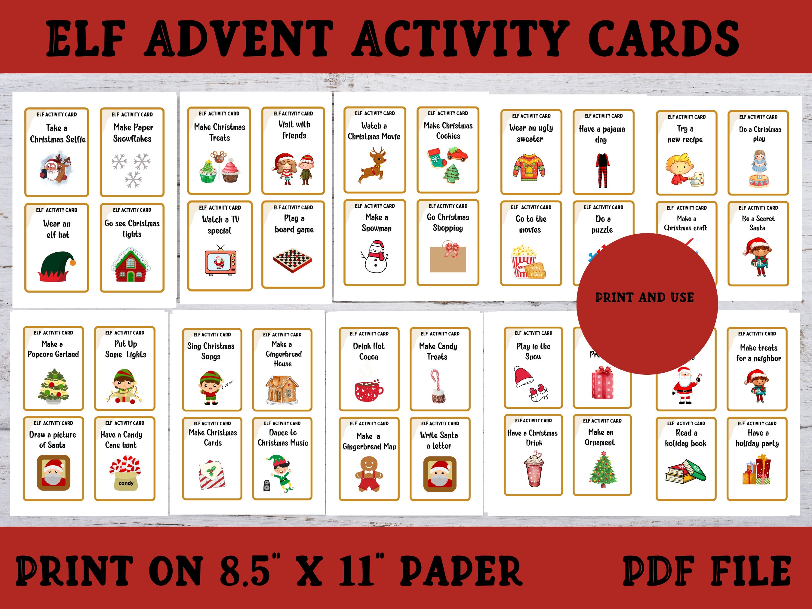 Elf Advent Activity Cards, Printable Christmas Advent Cards, Christmas ...