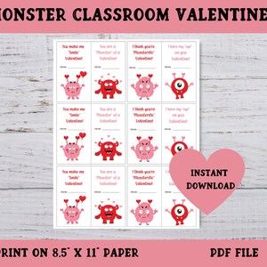 Printable Monster Classroom Valentine Cards, Monster Valentines for ...