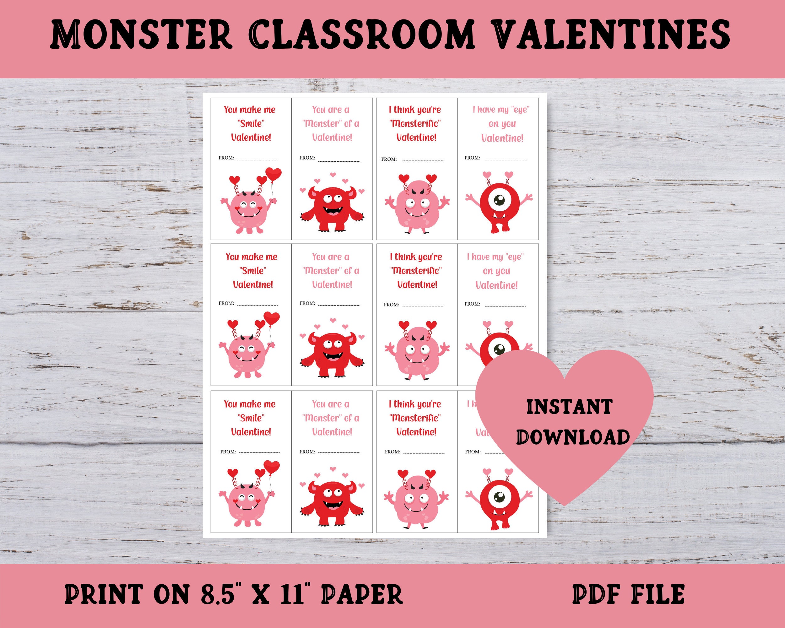 Printable Monster Classroom Valentine Cards Monster - Etsy