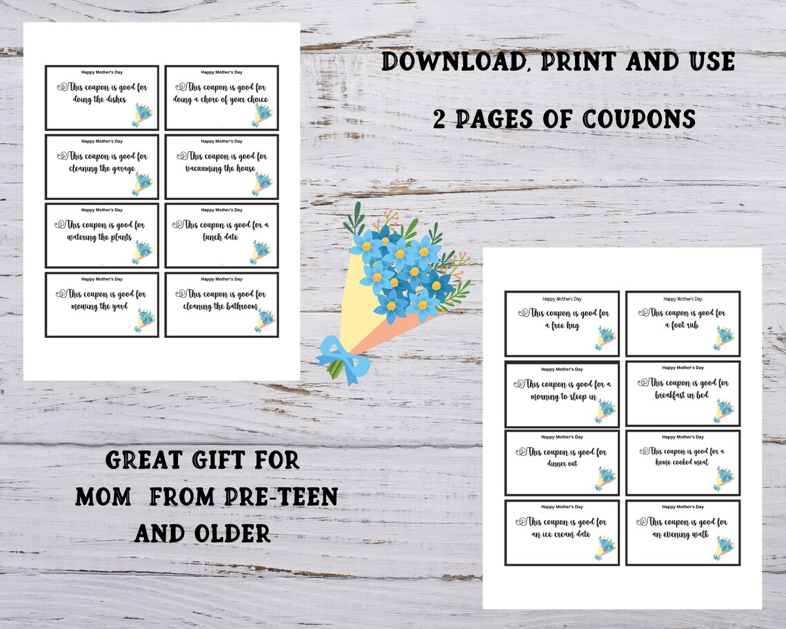 Printable Mother's Day Coupons, Mother's Day Gift, Mother's Day Coupons ...