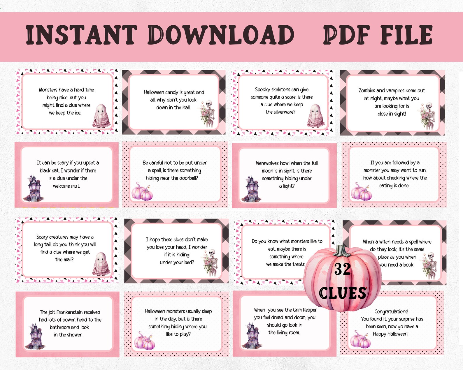 Pink Halloween Indoor Treasure Hunt, Scavenger Hunt for Kids, Halloween ...