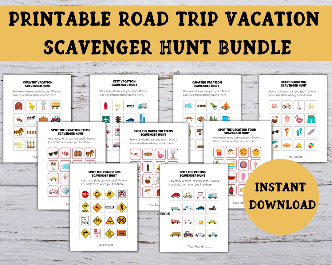 Printable Road Trip Vacation Scavenger Hunt Bundle, Travel Games ...
