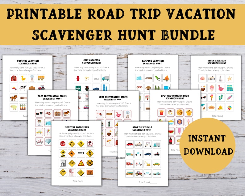 Printable Road Trip Vacation Scavenger Hunt Bundle, Travel Games ...