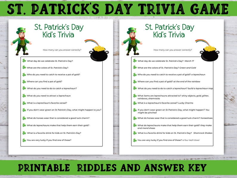 St. Patrick's Day Trivia Game, St. Patricks Day Classroom Printable ...