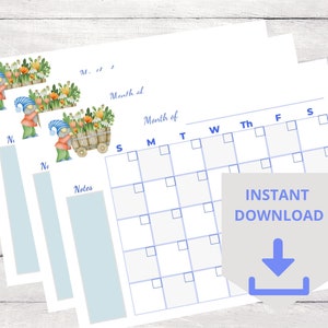 Gnome Printable Calendar Page, Printable Gnome Calendar, Digital ...