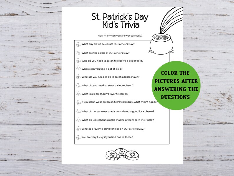St. Patrick's Day Trivia Game for Kids, Printable Game for Kids, St ...